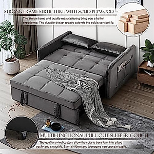 Velvet Pull Out Sleeper Sofa Bed with USB Ports, Convertible Futon Couch with Adjustable Backrest, 3 in 1 Modern Loveseat with 2 Pockets and Pillows, Small Love Seat for Living Room, Office, Dark Grey