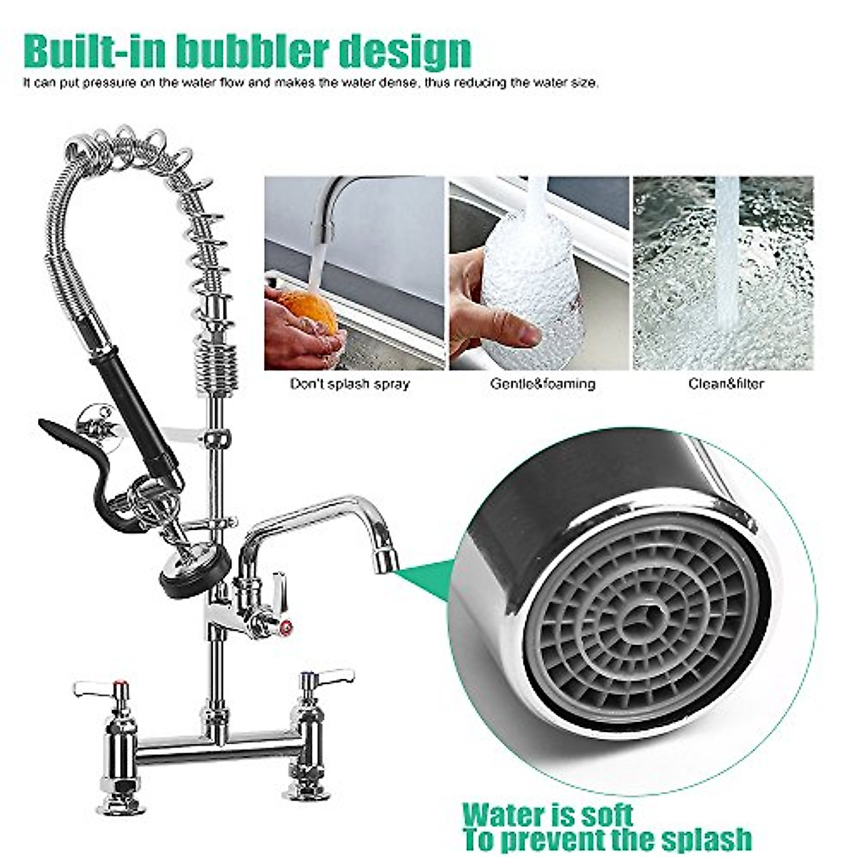 CWM Commercial Sink Faucet with Sprayer,Pre-Rinse Kitchen Brass Constructed Polished Chrome with Pull Down Sprayer 26"Height 8" Center with 8" Add-on Spout Deck Mounted