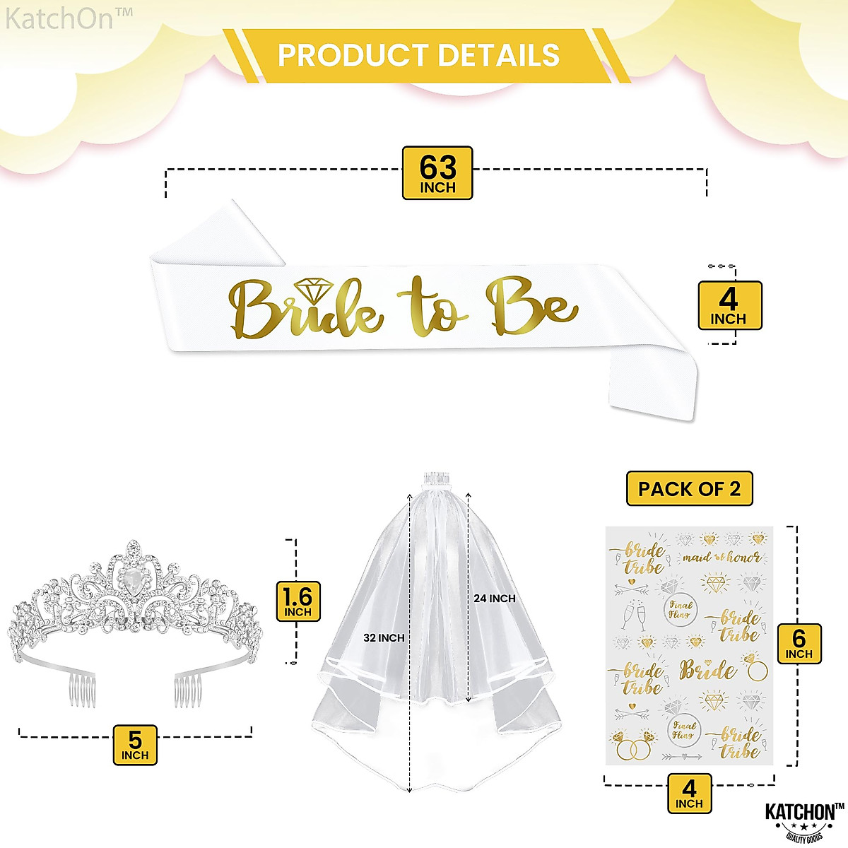 KatchOn, Bride to Be Sash and Headband set - Pack of 5 | Bachelorette Veil for Bride | Bachelorette Party Decorations | Gold Bachelorette Sash, Bridal Shower Decorations | Bachelorette Party Favors