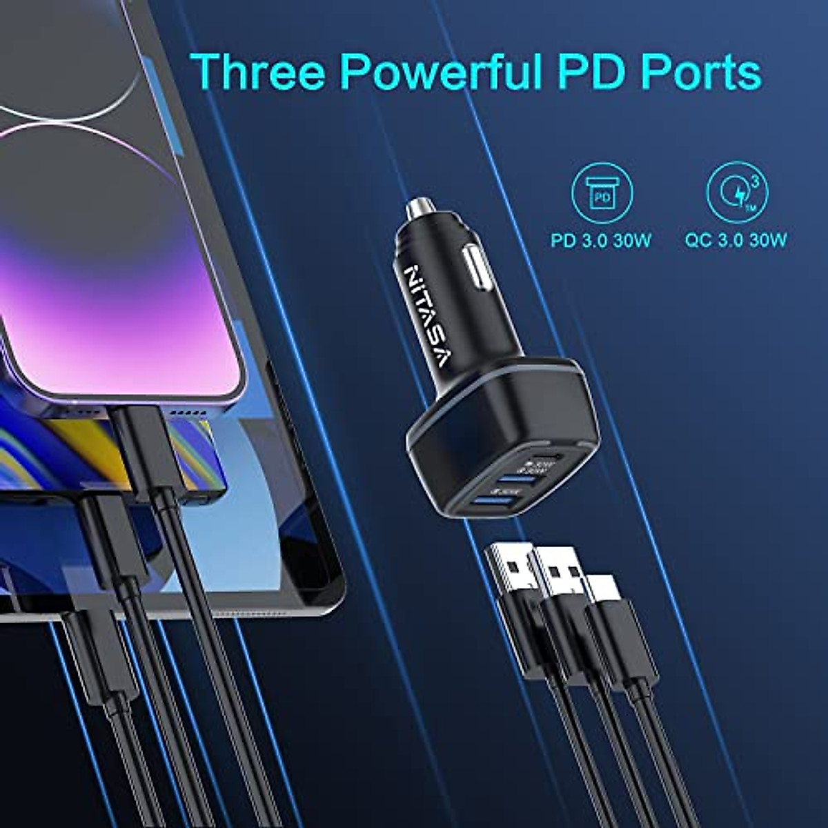 USB C Car Charger,Car Charger NITASA 90W 3 Ports PD 3.0 & QC 30W (PPS) LED Type C Cigarette Lighter Fast Charging Adapter for iPhone 14/14 Pro/13/12 Pro Max,iPad,Samsung S22/S21/S23,Pixel 7 6 Pro