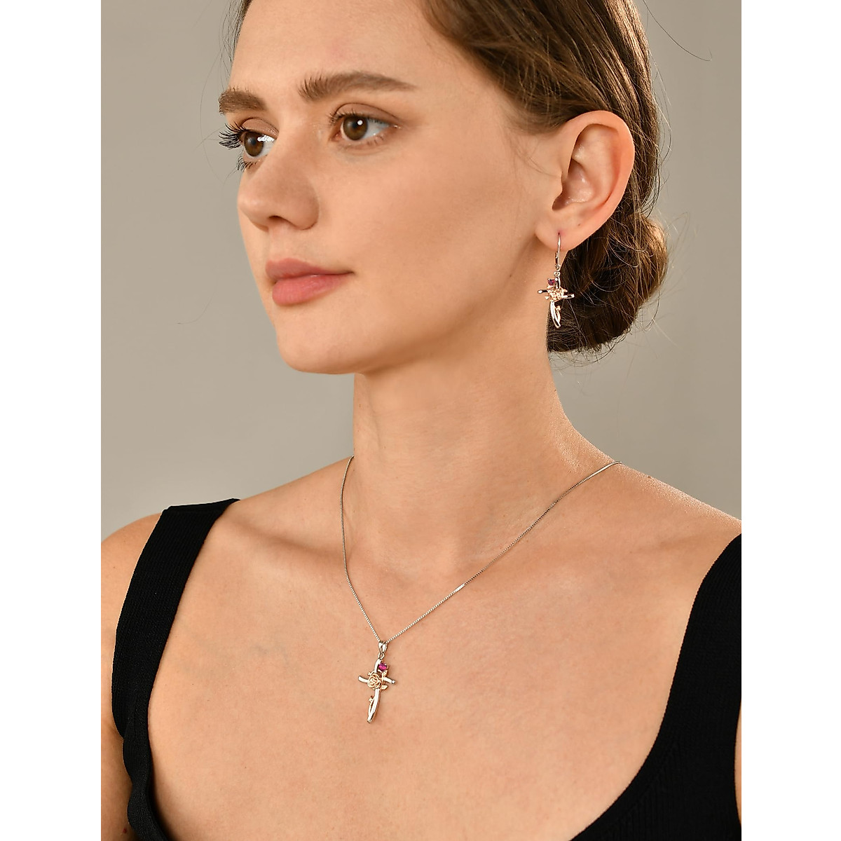 YL Cross Necklace 925 Sterling Silver Flower Rose Crucifix Pendant Created Ruby Criss Jewelry for Women