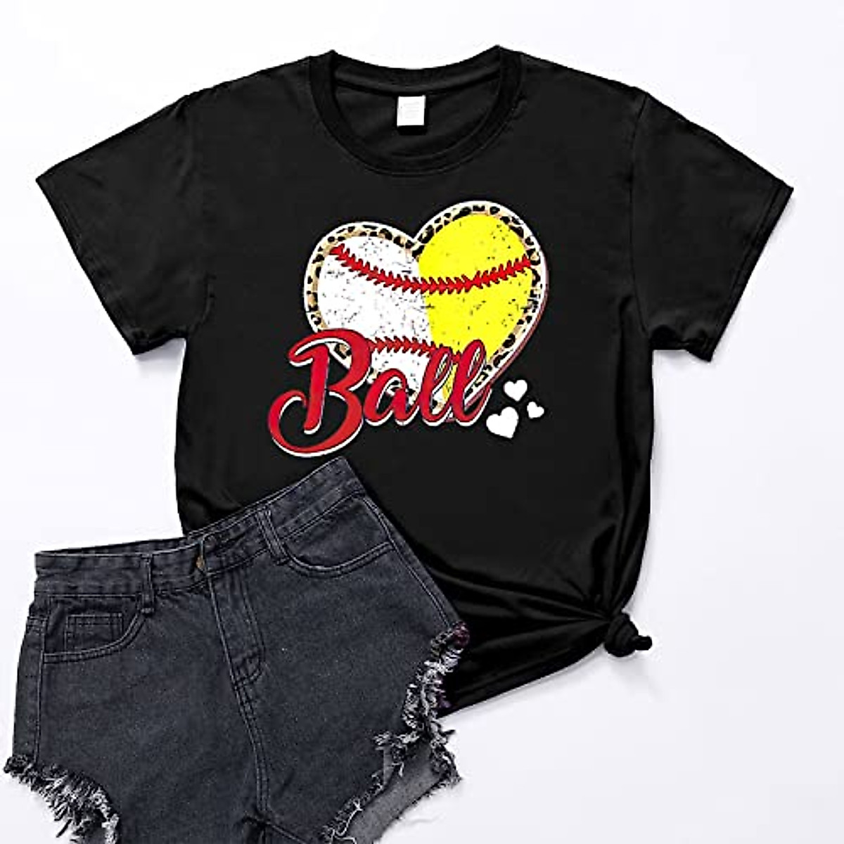 DUOWEI Women's Baseball Heart T Shirt Cute Graphic Women's Baseball Heart T Shirt Clothes Black