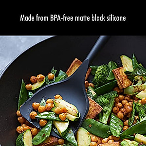 STAUB Wok Spatula, Perfect for Scooping, Flipping, Stirring, and Turning Stir Fries, One Size, Durable BPA-free Matte Black Silicone, Acacia Wood Handles, Safe for Nonstick Cooking Surfaces