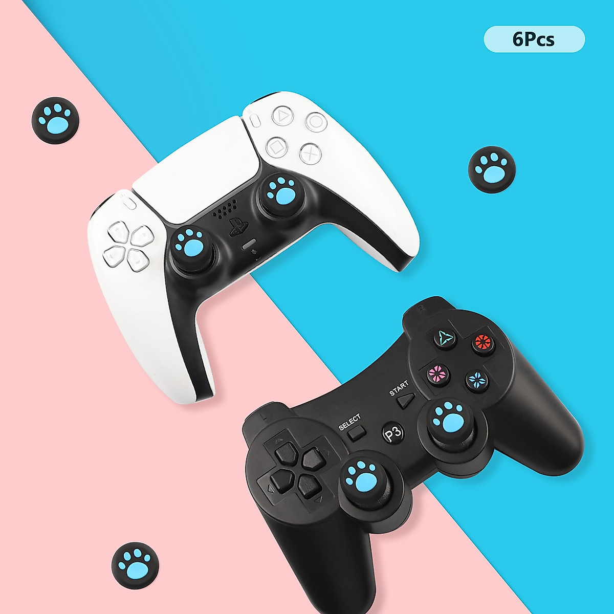6PCS PS5 Silicone Thumb Cap, Non-Slip Silicone Analog Joystick Thumb Stick Grip Cap for PS2, PS3, PS4, PS5, Xbox One, Xbox Series X/S, Xbox 360, Switch Pro, Wii U Game Controller (Black Blue)