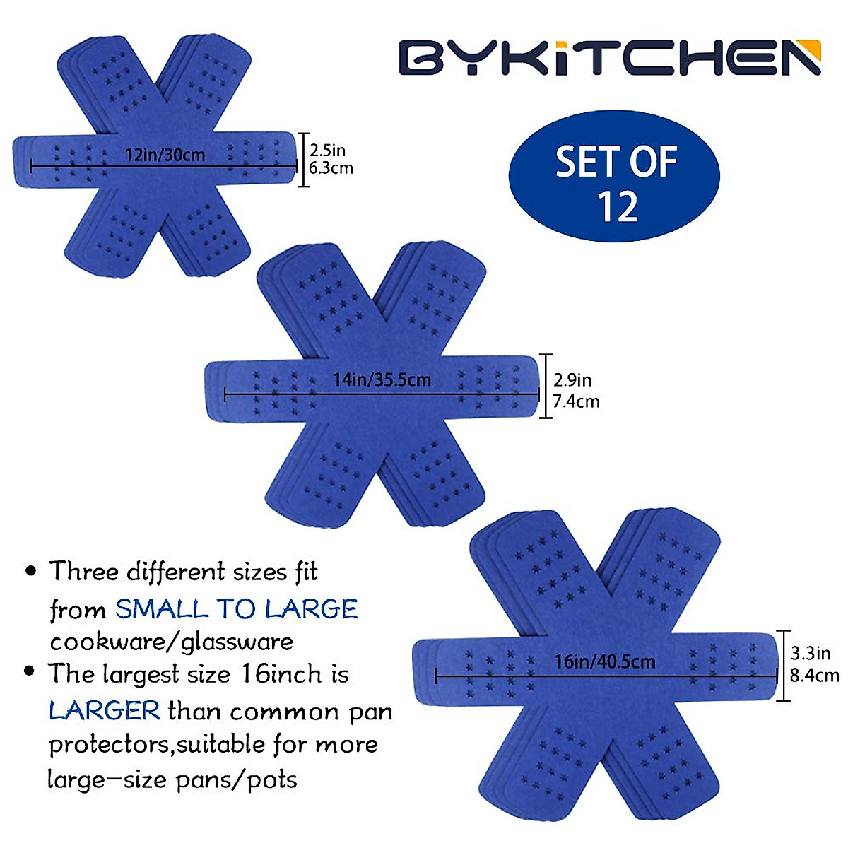 BYKITCHEN Pan Pot Protectors, Larger & Thicker Pan Protector with Stars, Set of 12 and 3 Different Sizes, Blue Pot Separator Pads for Stacking and Protecting Your Cookware