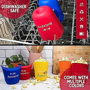 NA-1 POP! BUCKETS Personalized Silicone Popcorn Bowls - Set of 5 Single Serve Reusable Makers Microwave and Dishwasher Safe Popper Cup for Family Movie Night At Home, 5.7 x 3.9x 4.3 Inches