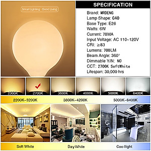 MRDENG Globe Light Bulbs 60 Watt Replacement for Decorative,E26 Dimmable Soft White Large G40(G125) 6Watt(60Watt Equivalent) LED Bulb,2700K(Warm) Pack of 1