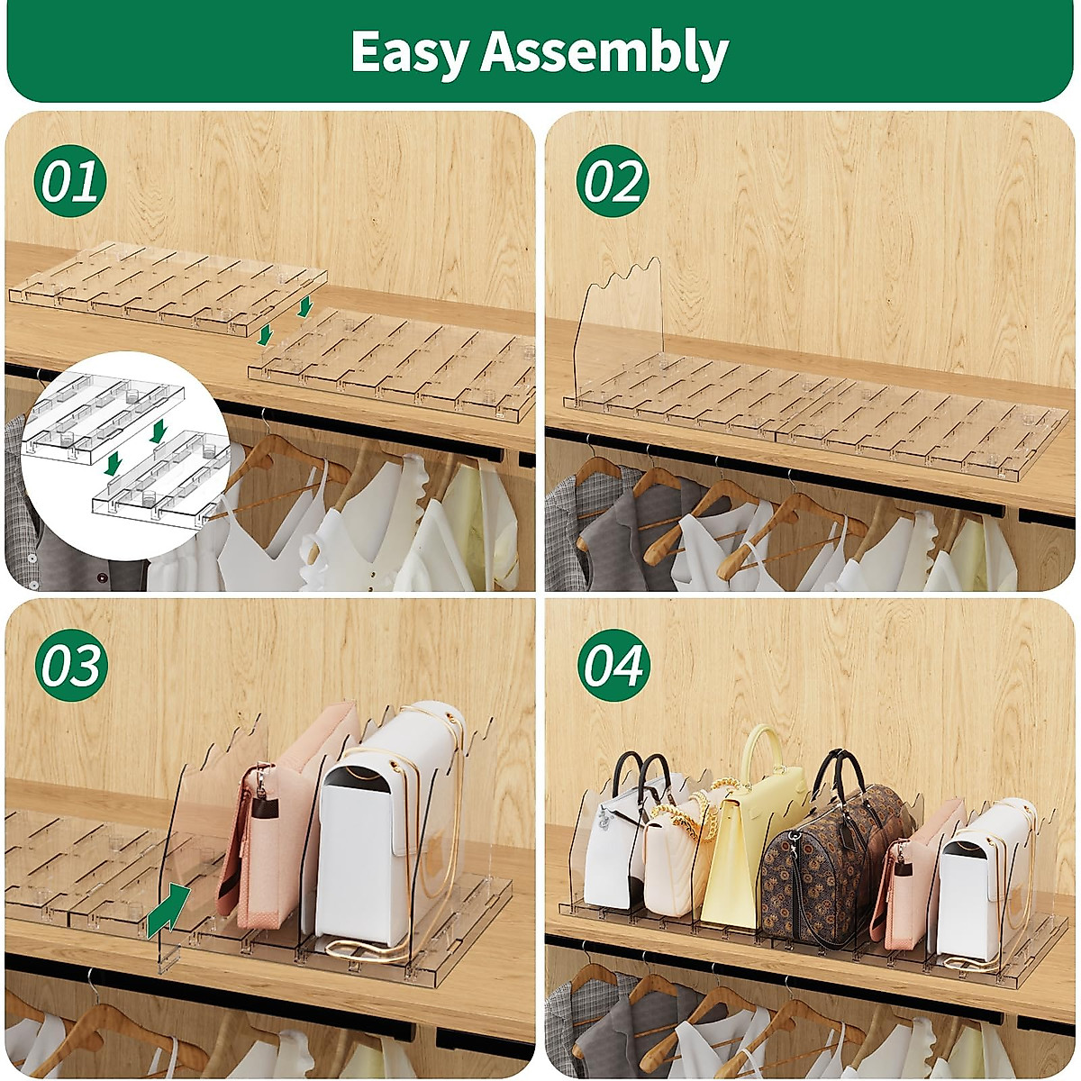 SPACEKEEPER Adjustable Shelf Divider for Closet, Clear Purse Organizers for Closet Acrylic Handbag Separators Storage Organizer Bookshelf Separator Dividers in Bedroom, Office