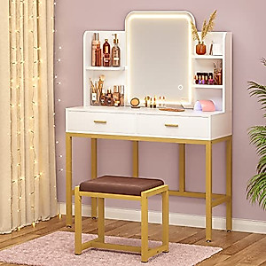 armocity Vanity Desk with Mirror and Light, Makeup Vanity with Cushioned Stool, Vanity Table Set with 3 Color Lighting Options, Modern Dressing Table with 2 Storage Drawers for Bedroom, White
