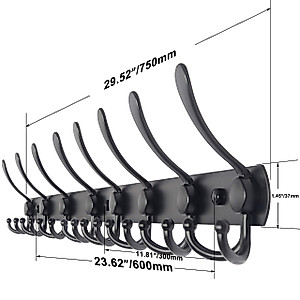 WEBI Coat Rack Wall Mount Long,8 Tri Hooks for Hanging Coats,30 inch Hook Rack,Hook Rail,Coat Hanger Wall Mount for Clothes,Jacket,Hats,Black,2 Packs