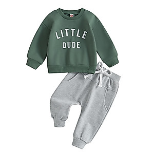 Baby Toddler Boys Fall Winter Outfits Little Dude Letter Printed Long Sleeve Sweatshirts Pants 2Pcs Clothes Set (Dark Green, 6-12 Months)