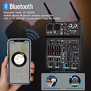 Professional Audio Mixer With Dual Wireless Microphone, Sound Board Console System Interface 4 Channel Dj Mixer USB Bluetooth MP3 Computer Input 48V Phantom Power, Suitable for DJ Karaoke PC Guitar