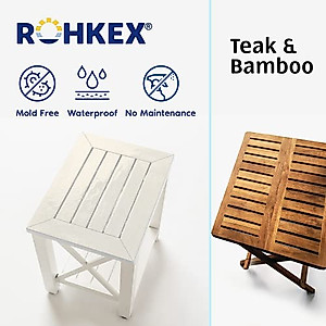 Shower Bench Waterproof - Bathroom Stool with Storage Shelf - Wood Style Bathroom Bench - Small Shower Stool for Shaving Legs - Non-Slip Adjustable Feet - Shower Seat Doubles as a Corner Shower Stool