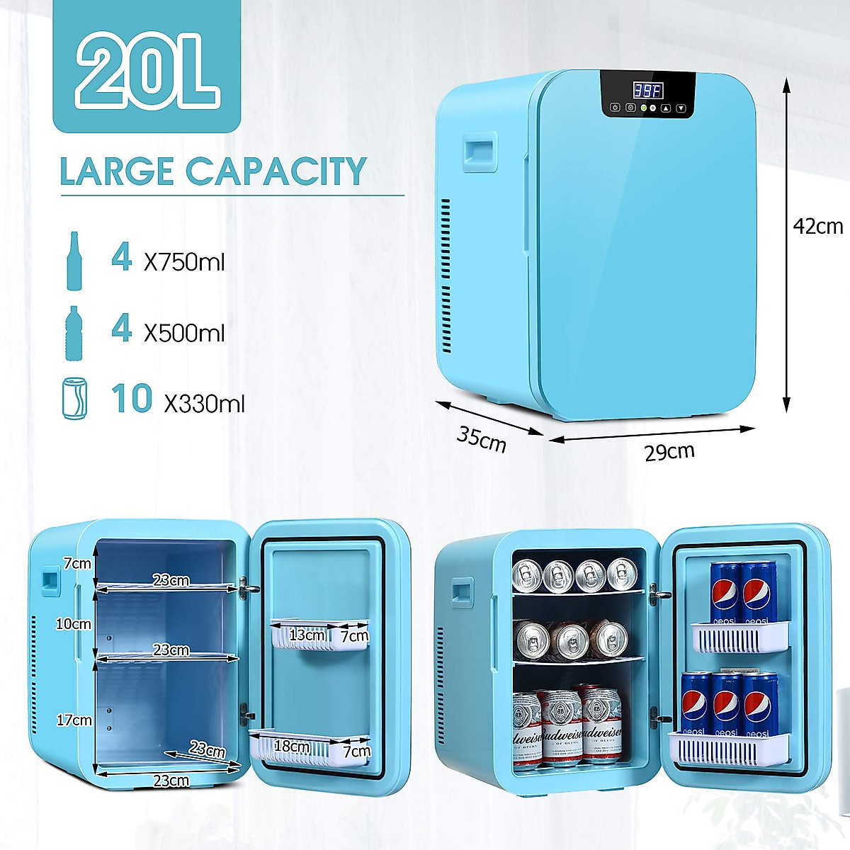 ARLIME 20 L Compact Cooler Warmer Mini Fridge for Bedroom, Office, Car, Dorm - Portable Makeup Skincare Fridge with Digital Temperature Control (Blue)