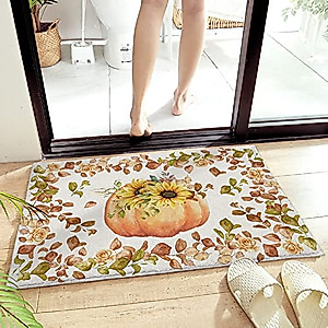 Bathroom Rugs Mat, Thanksgiving Soft Shaggy Bath Carpet, Orange Fall Sunflower Pumpkin Harvest Non-Slip Floor Mat for Kitchen, Bedroom 16x24in