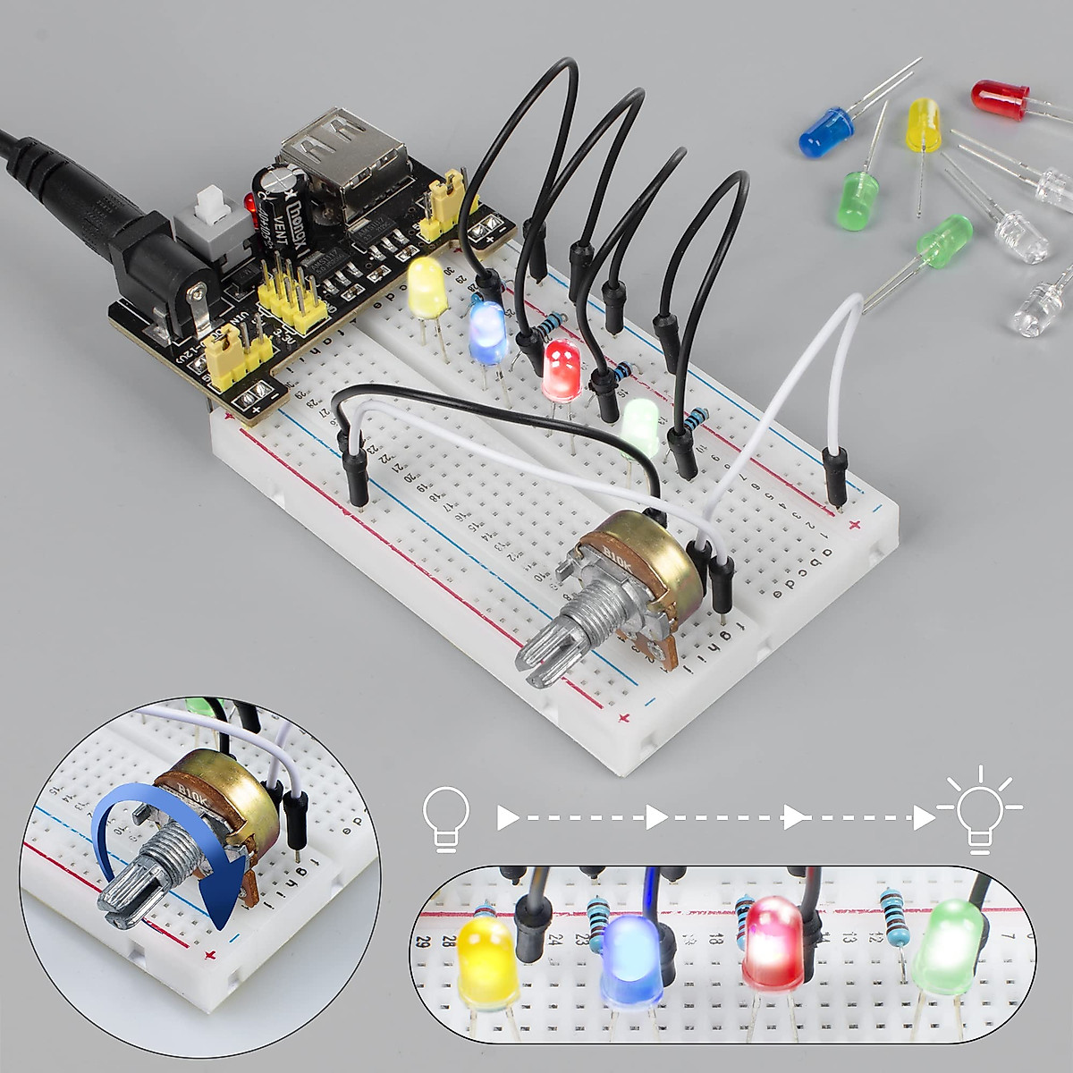 Miuzei Basic Starter Kit for Arduino Projects, Breadboard, Jumper Wires, Power Supply, Resistors, LED, Electronic Kit Compatible with Arduino, Raspberry Pi