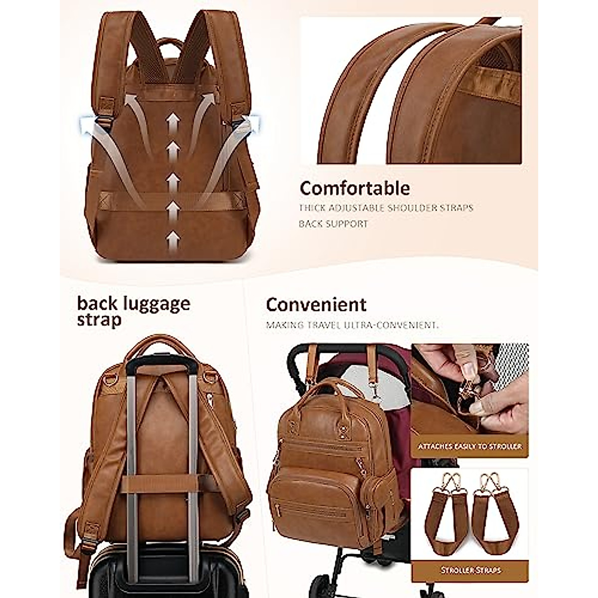 ROSEGIN Vegan Leather Diaper Bag Backpack with Changing Pad and Pacifier Holder, Multi-Functional Baby Bag for Boy Girl, Waterproof for Travel, Perfect Baby Shower Gifts for Mom, Dad, Newborn, Brown