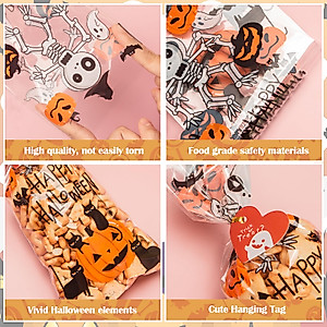 GOMANCHE Halloween Cellophane Treat Bags, 100 pcs Clear Halloween Goodie Bags with 100pcs Twists Ties, 4 Styles Halloween Cellophane Candy Bags with Gift Tag for Kids Halloween Party Supplies