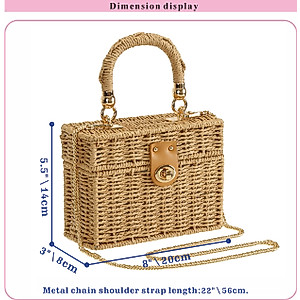 TaiGuri Women's Handmade Straw Rattan Woven Chain Purse Tote Shoulder Bag Handbag, Khaki, Medium