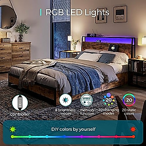 LINSY Full Size Bed Frame with 4 Drawers & Headboard, Bed Frame with RGB Lights & Fast Charger, Fast Assembly Bed Frame Full with Storage, No Box Spring Needed, Rustic Brown