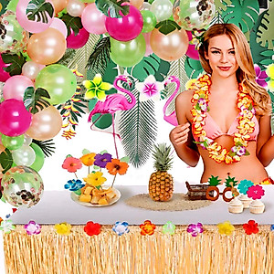 Hawaiian Luau Party Decorations Balloon Garland - Tropical Balloon Arch Kit with Palm Leaves for Hawaiian Luau Party Supplies, Flamingo Aloha Tropical Birthday Baby Shower Decorations, 90 Pack
