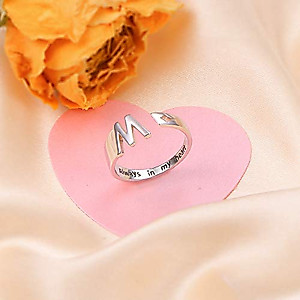 FLYOW 925 Sterling Silver Stacking Initial Letter and Lucky Star Ring Alphabet Adjustable Open Rings Engraved Always in my heart, Great Gift for Women Teen Girls (M)