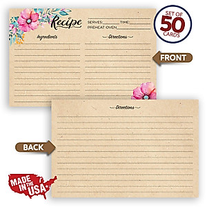 Nuah Prints Double Sided Recipe Cards 4x6 Inch, Set of 50 Thick Cardstock Recipe Cards with Lines, Easy To Write On Smooth Surface, Line Printed, Large Writing Space (Floral Kraft Look)