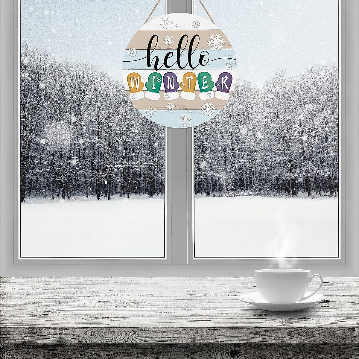 CHDITB Hello Welcome Winter Door Sign Decoration(12"x12"), Round Colourful New Year Wall Hanging Decor with Snowflake Gloves Mitten, Rustic Christmas Holiday Door Hanger for Front Porch Farmhouse