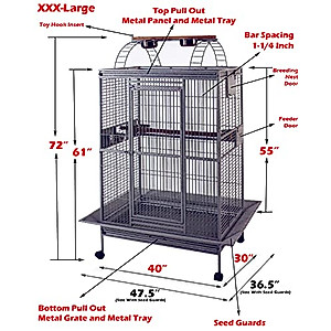 4 Size, Castle PlayTop Parrot Cage for Large Macaws Cockatoos African Grey Amazon (40" x 30" x 72"H White Vein)