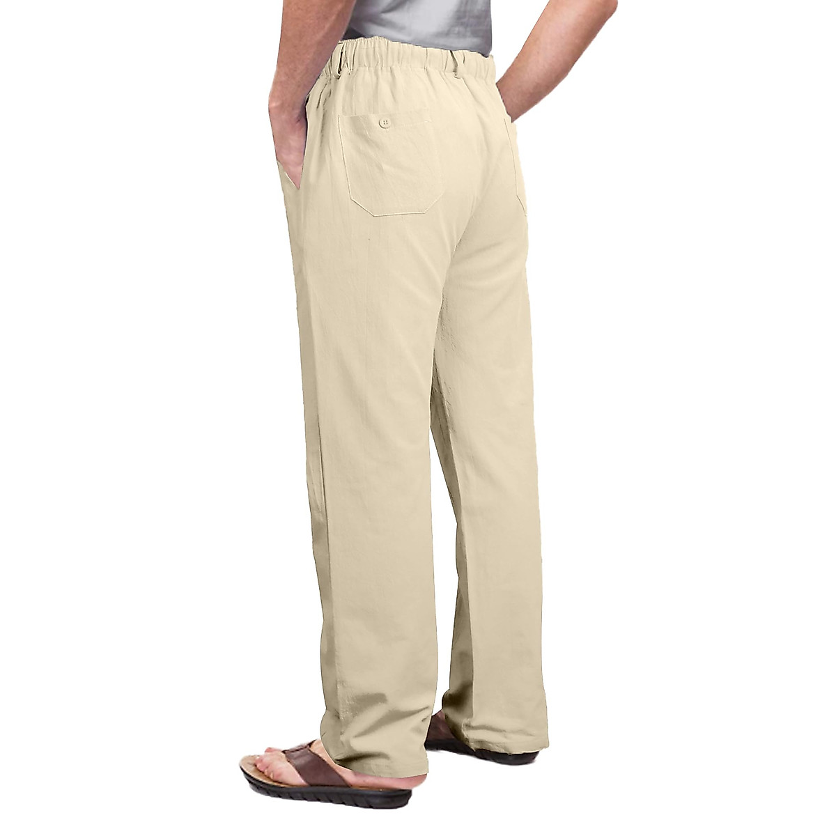 NANAMEEI Beach Pants for Men Casual Mens Linen Pants Elastic Waistband with Drawstring Zipper Pocket Beach Pants Khaki M