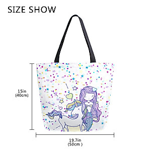 SUABO Tote Bag Unicorn Mermaid Girl Reusable Grocery Bags Canvas Shopping Bag for Women Outdoor