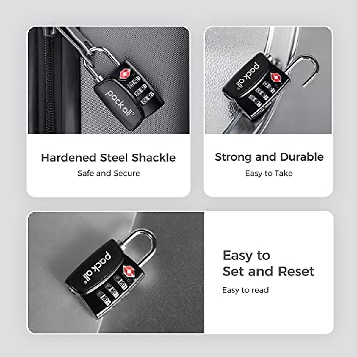 pack all TSA Approved Luggage Lock, Inspection Indicator, Alloy Body, 3 Digit Combination Padlocks, Travel Lock for Suitcases & Bag, Travel Accessories (4 Pack)