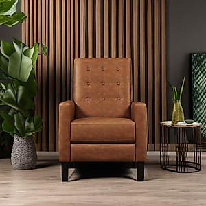 Yaheetech Faux Leather Recliner Sofa Mid-Century Modern Single Reclining Chair Adjustable Back & Footrest Tufted Upholstered Sofa with Pocket Spring Living Room Bedroom Home Theater Brown