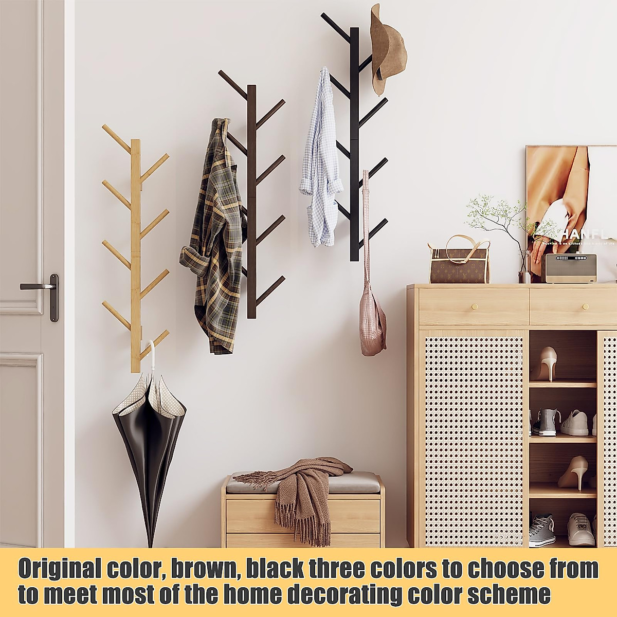 Furshus Coat Rack Wall Mount,Bamboo Vertical Hat Rack for Wall,Wall Coat Tree,Coat Hanger,Floating Coat Rack for Hats,Jackets,Bags,Entryway Bedroom (Natural)
