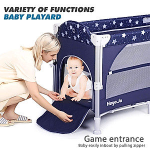 Heyo.Ja Baby Bassinet Bedside Crib, Portable Playard 4 in 1 Convertible Pack and Play with Mattress, Foldable Travel Crib for Girls Boys Infant Newborn (Navy)