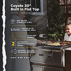 Coyote 30-in. Flat Top Grill, Built In 2-Burner Propane Gas Grill, 17,000 BTUs - C1FTG30LP