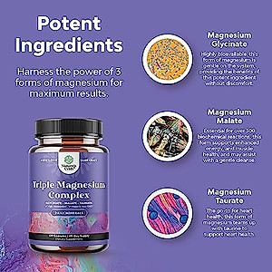 Triple Magnesium Complex Supplement 400mg Elemental - High Absorption Magnesium Taurate and Glycinate Plus Malate Magnesium Blend for Sleep Muscle Bone Mood and More - Non GMO Vegan Magnesium 400 mg