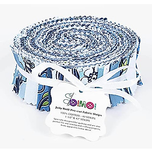 Soimoi 40Pcs Block Print Precut Fabrics Strips Roll Up 1.5x42inches Cotton Jelly Rolls for Quilting - Blue