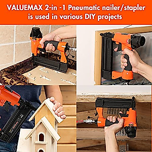 ValueMax 18 Gauge Pneumatic Brad Nailer, 2-in-1 Nail Gun Staple Gun with 1-5/8 inch Staples, 2-5/8 inch Brad Nails, Carrying Case and Safety Glasses, Ideal for Upholstery and Home Improvement