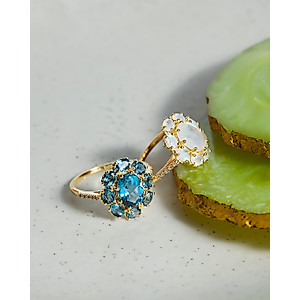 YoTreasure 7x9 MM Rainbow Moonstone & White Topaz 14k Gold Over 925 Silver Ring
