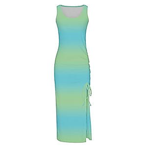 Women Casual Dresses for Summer Cute Floral Print Bodycon Womens Dresses Summer Casual Sexy Sleeveless High Waist Ribbed Drawstring Ruched High Slit Sun Dresses Women Summer Casual Sexy Plus Size Mint Green XL