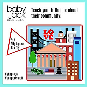 Baby Jack & Co 8x8” Learning Lovey Philadelphia Pennsylvania Tag Toys for Babies - Baby Crinkle Toys - Soft & Safe - Learn USA Cities and Shapes - Ideal Baby Toy & Gift BPA Free w/Stroller Clip