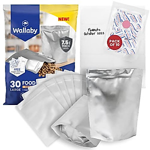Wallaby 30х 1 Gallon Mylar Bag 7.5 mil for Food Storage with 400cc Oxygen Absorbers & Labels - 10"x14" Stand-Up Heat Seal Bulk Resealable Gusset Ziplock Foil Bags for Freeze Dryers, Dehydrated Dried Food