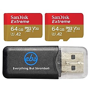 SanDisk Micro Extreme 64GB Memory Card (Two Pack) for DJI Air 2S Drone (SDSQXA2-064G-GN6MN) Bundle with (1) Everything But Stromboli MicroSD Card Reader