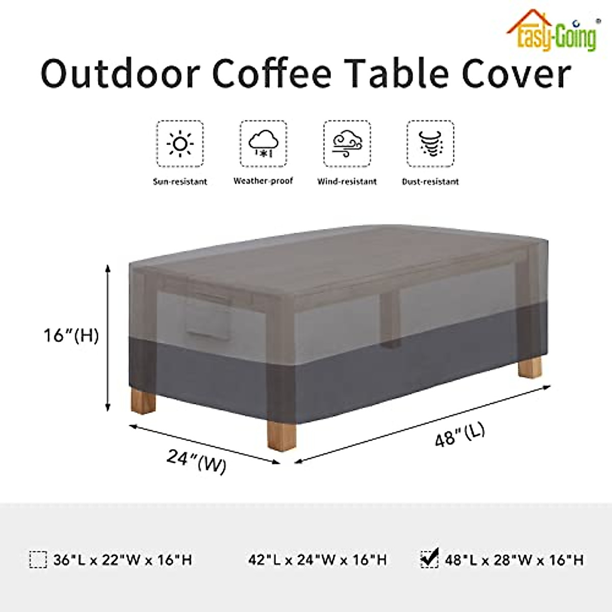 Easy-Going Patio Coffee Table Cover Small Outdoor Rectangular Table Cover, UV Resistant Waterproof Patio Furniture Cover (48" Lx28 Wx16 H, Gray/Dark Gray)