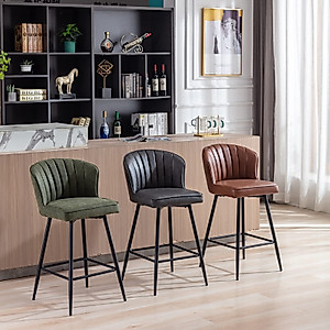 CIMOO Green Leather Bar Stools Set of 2 Mid Century Modern Counter Stools 26 Inch Counter Height Stool Chairs Upholstered Kitchen Island Chairs with Back, PU Faux Letaher