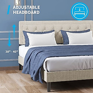 Mjkone Queen Size Bed Frame with Adjustable Headboard,Platform Bed Frame with Button Tufted Linen Fabric,Upholstered Bed with Strong Metal Frame/Wood Slats Support,Easy Assembly-Beige