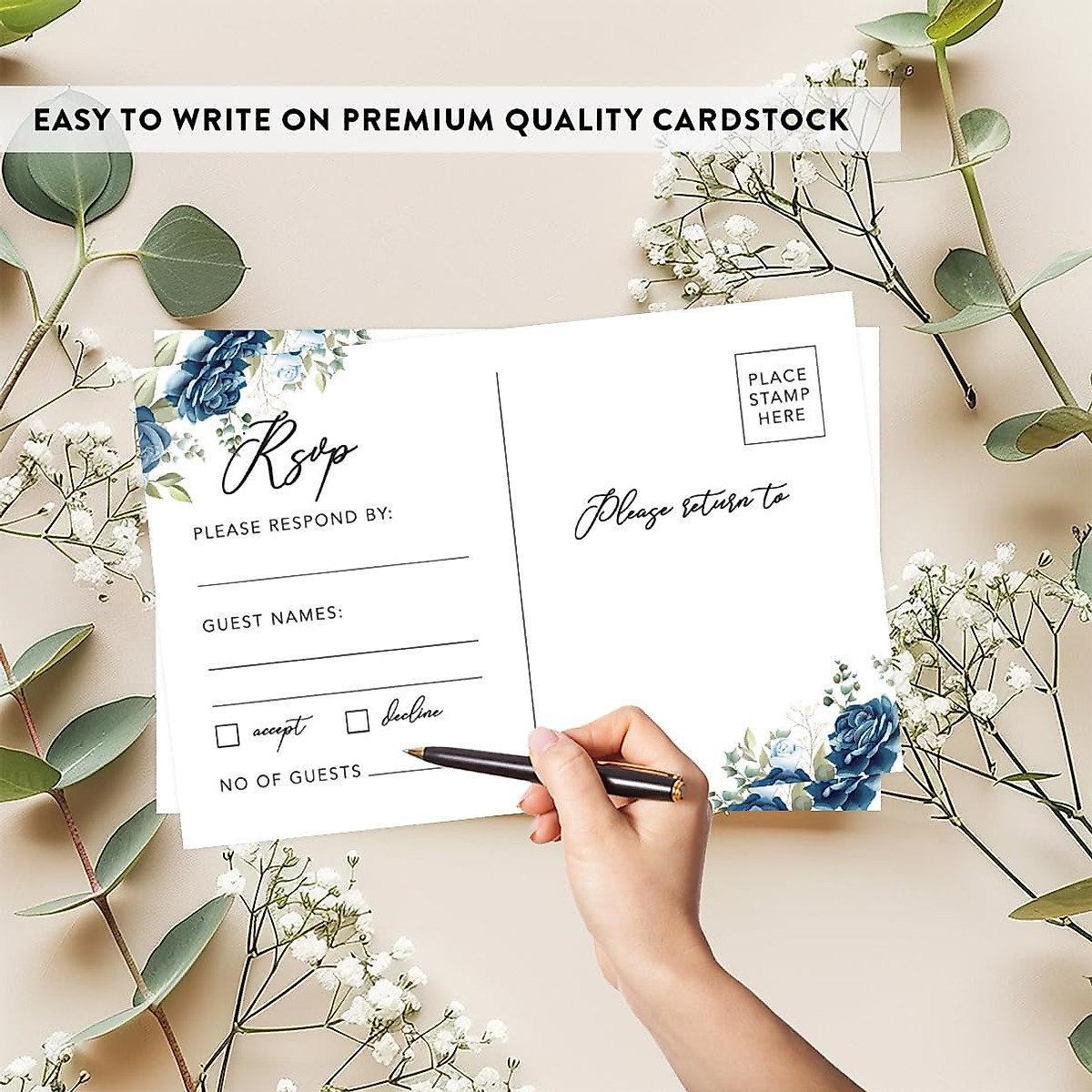 Andaz Press 56-Pack Wedding RSVP Cards Response Postcards 4x6-Inch Dusty Blue Roses RSVP Cards For Wedding Invitations Bridal Shower Baby Shower Birthday Quince Invites Wedding Reply Cards