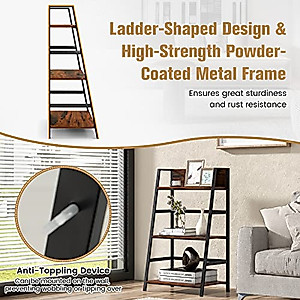 Tangkula 3-Tier Ladder Bookshelf, Industrial Wooden Bookcase w/Metal Frame, Anti-Toppling Device, Freestanding Display Shelf Plant Stand, Storage Rack for Home Office Living Room Kitchen (2, 3-Tier)
