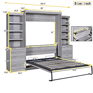 GLORHOME Space-Saving Full Size Murphy Bed with Gray Finish, Storage Shelves, and Drawers